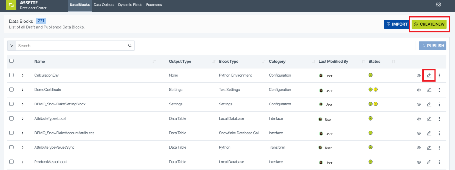 Creating Editing Data Blocks Assette Support